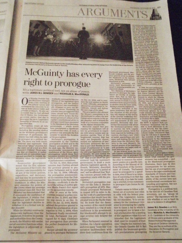 McGuinty Has Every Right to Prorogue | James Bowden's Blog
